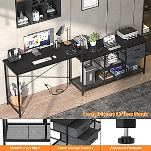 Homieasy Reversible L Shaped Desk with Power Outlet, Corner Computer Desk with Drawers and Storage Shelves, L-Shaped Long Home Office Desk Study Writing Desk Gaming Desk, Black