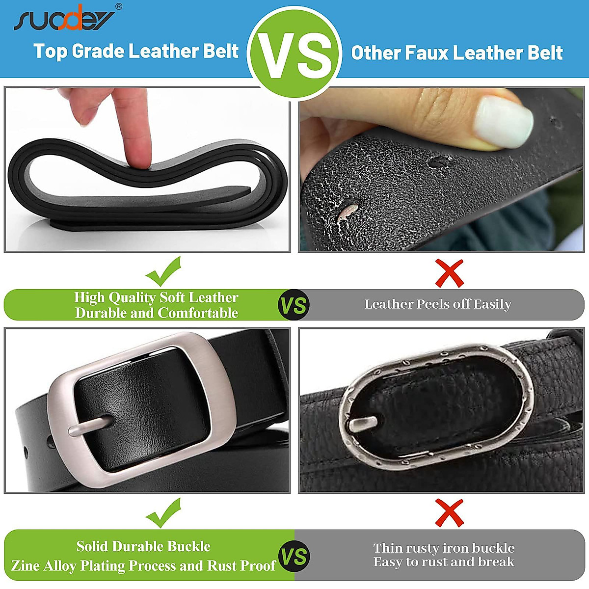 SUOSDEY Fashion Womens Soft Leather Belt, Waist Belt with Pin Buckle for Jeans Pants, black belt,width 1.3"