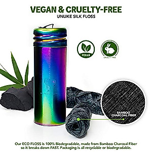 Vegan Biodegradable Bamboo Charcoal Dental Floss with Refillable Stainless Steel Rainbow Container | Extra Floss Refill | Natural Candelilla Wax | 33yds x2 | Peppermint | Eco Zero Waste Oral Care