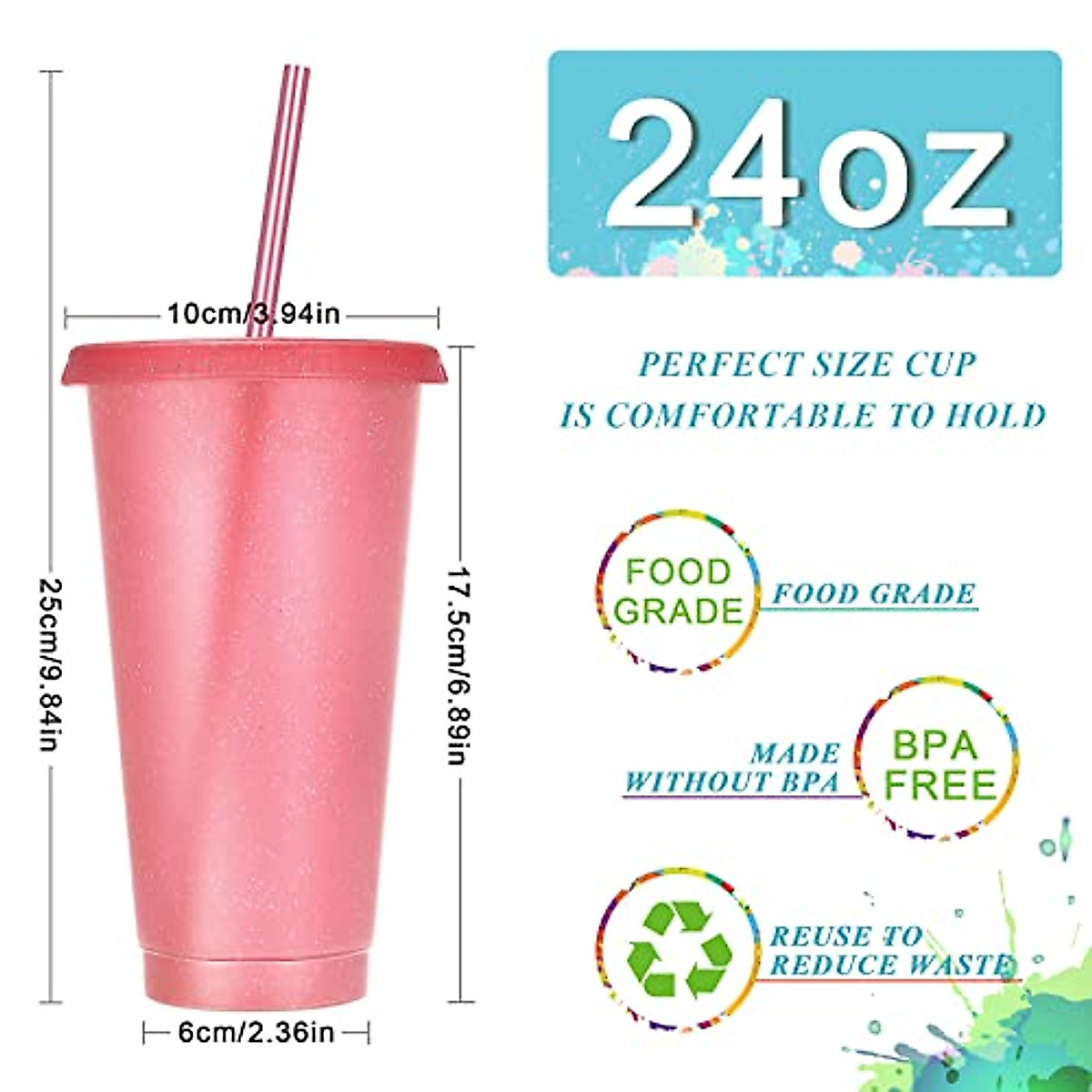 Honeydak Tumbler with Straw and Lid Bulk Water Bottle Iced Coffee Travel Mug Cup Reusable Plastic Cups for Parties Birthdays 24-27 oz (,)