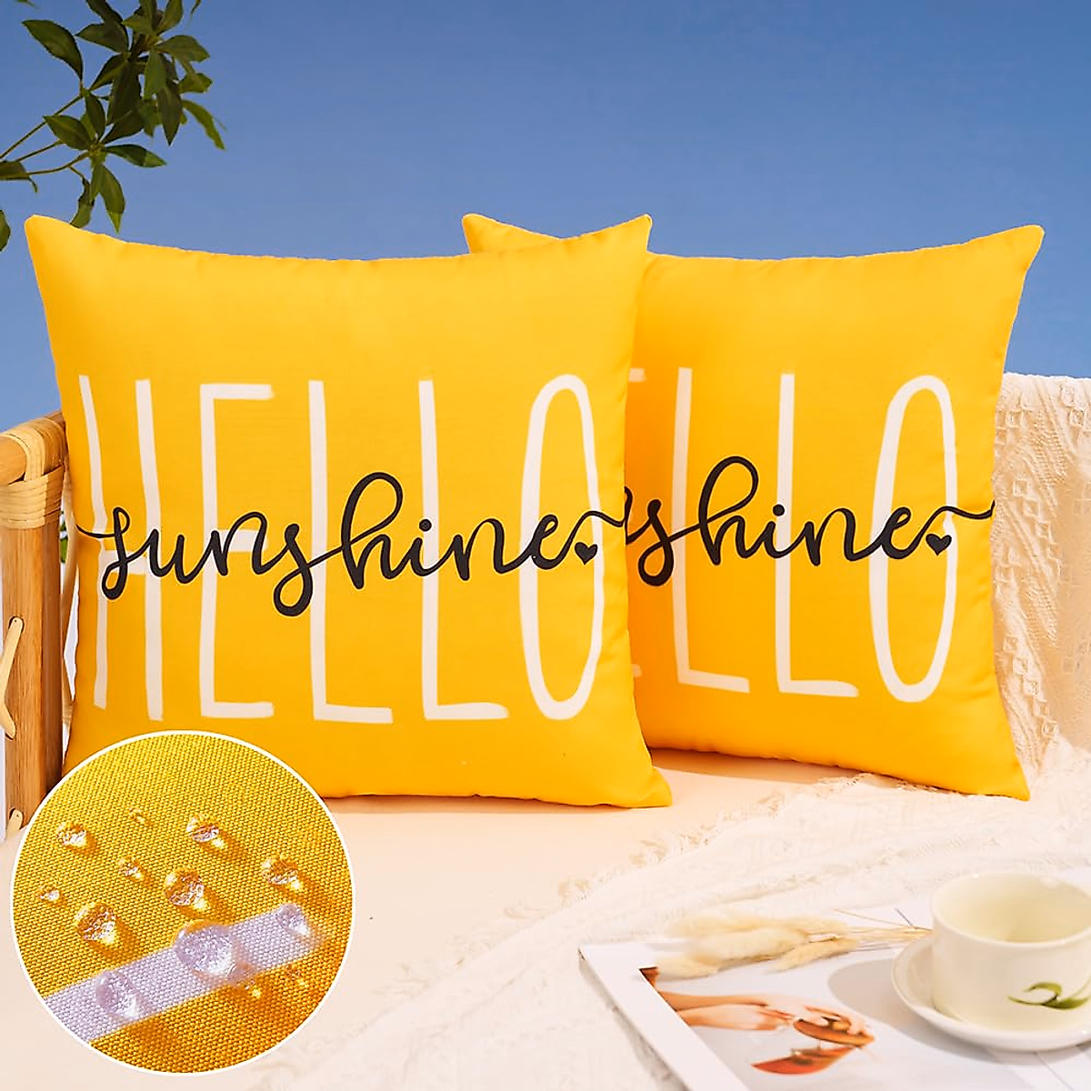 DFXSZ Outdoor Pillow Covers 16x16 Inch Set of 2 Hello Sunshine Decor Yellow Waterproof Throw Pillow Covers Summer Outdoor Waterproof Pillow Covers Decor for Patio Funiture Garden Sofa Couch 020B16