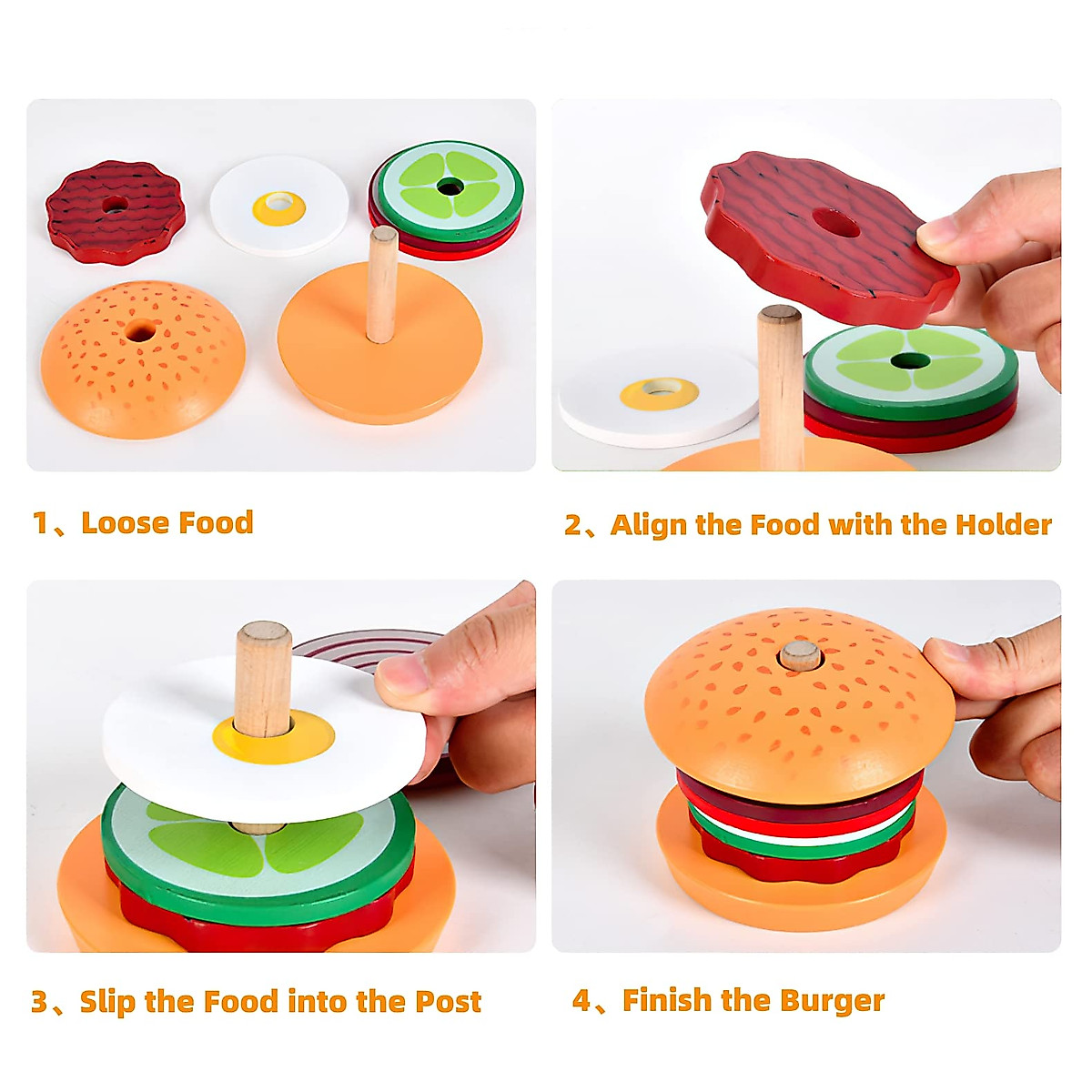 Wooden Burger Sandwich Stacking Toys for Kids, Play Food Toy for Toddlers, Montessori Toys for 3 Year Old, Preschool Educational Toys to Develop Fine Motor Skills