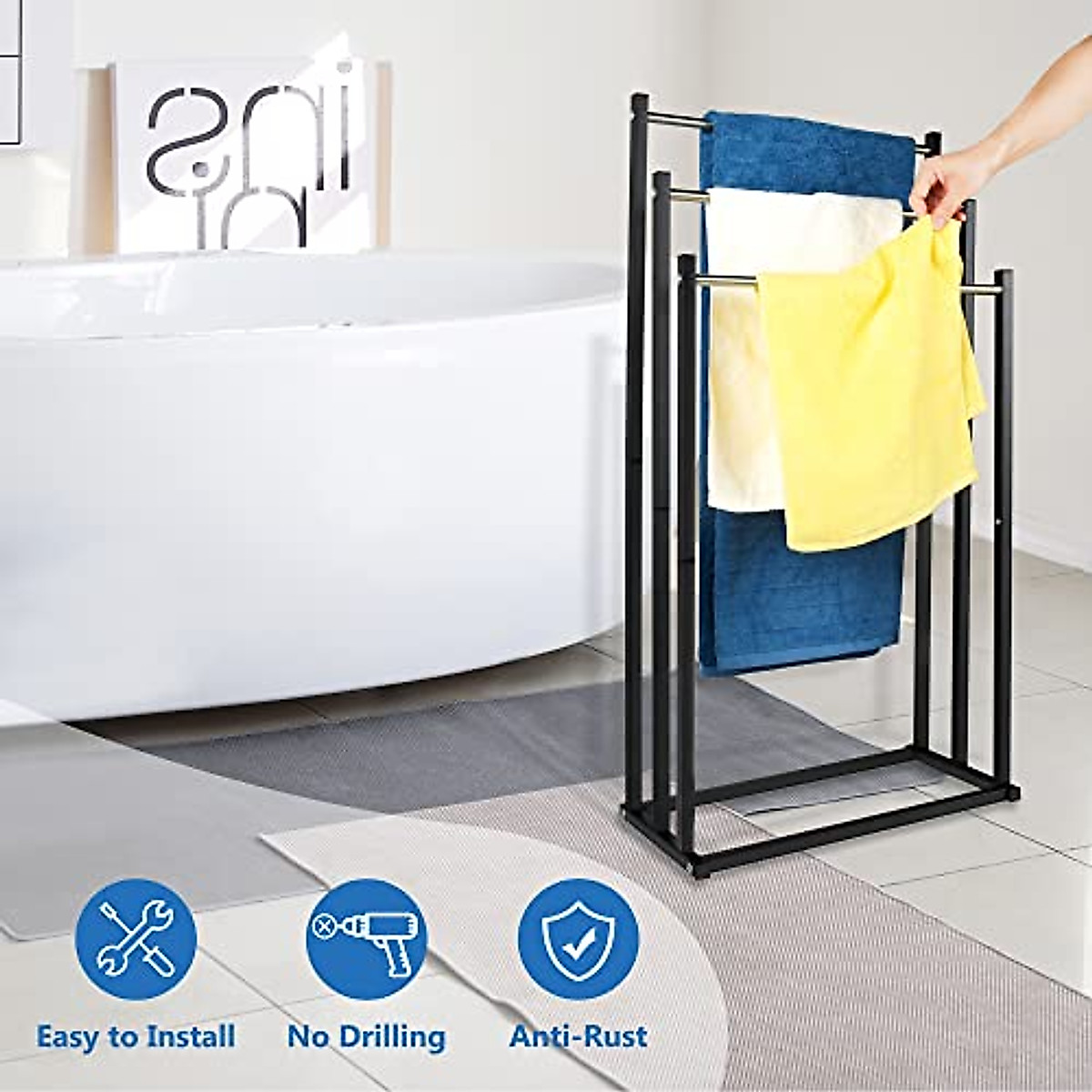Towel Racks for Bathroom, Upgrade 3 Tier Stainless Steel Freestanding Towel Rack Stand for Bath Hand Towel, Next to Tub or Floor Shower Drying Holder, Blanket Rack, Chrome & Black, ALHAKIN