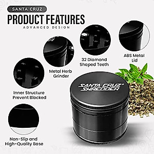 Santa Cruz Shredder Metal Herb Grinder Knurled Top for Stronger Grip 3 Piece Small 1.7" (Black)