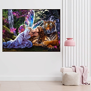 FEGAGA 5D Angel and Tiger Diamond Art Painting Kits for Adults Animals and Beauties Diamond Art Kits for Adults Diamond Art Kits Gem Art Wall Home Decor Oil 11.8X15.7inch