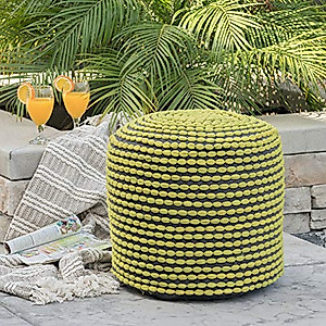 Great Deal Furniture Collier Outdoor Handcrafted Modern Water-Resistant Fabric Cylinder Pouf Ottoman, Green
