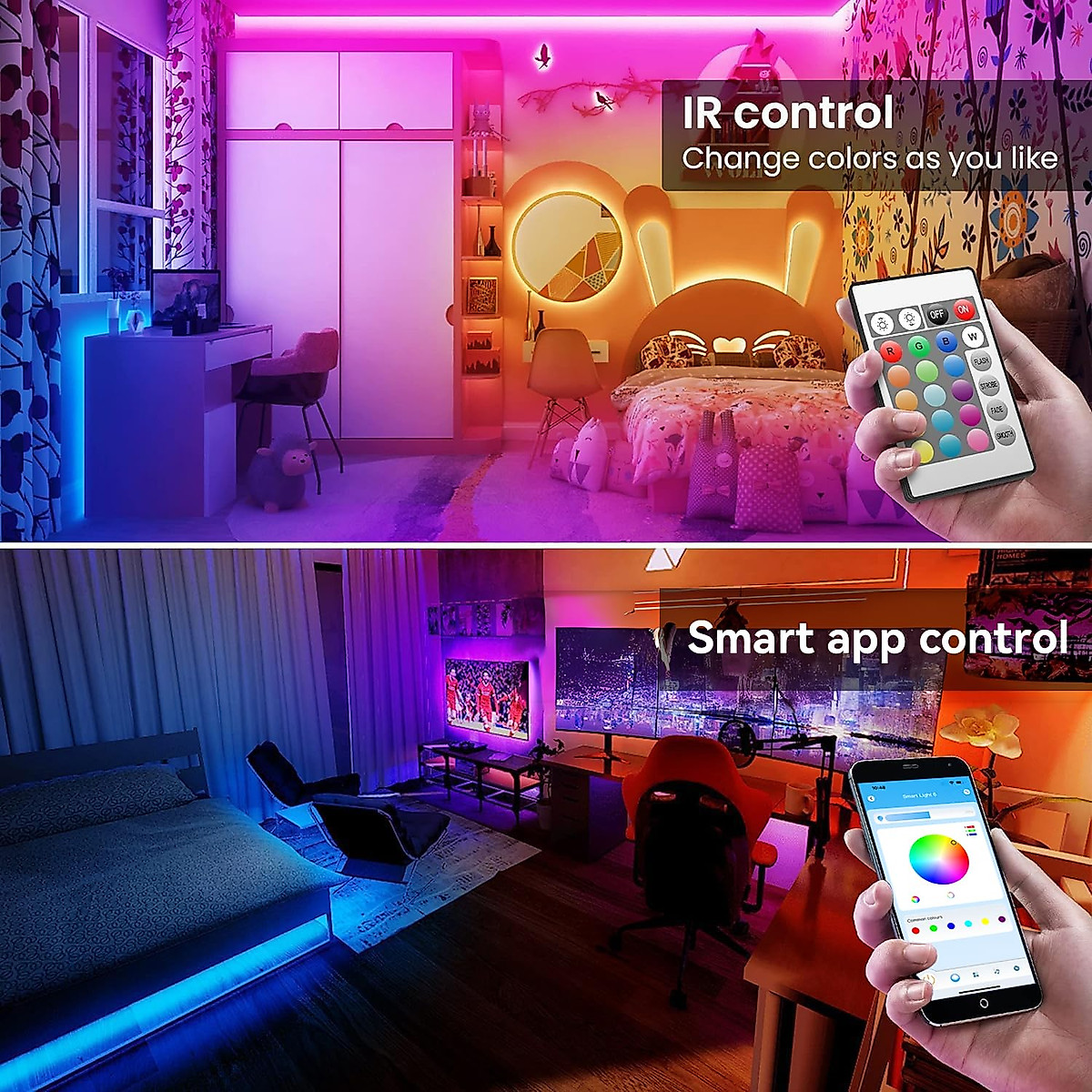 50ft Bluetooth LED Strip Lights, SMD5050 Music Sync LED Lights Strip，RGB Color Changing LED Lights with Remote, Smart Phone APP Control, LED Lights for Bedroom, TV, Room DIY (APP+Remote +Mic/50ftx1)