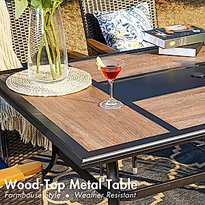 PHI VILLA 7 Piece Outdoor Dining Table Set, 61"x37" Rectangular Dining Table with Wood Top & 1.56” Umbrella Hole and 6 Metal Chairs for Patio, Deck