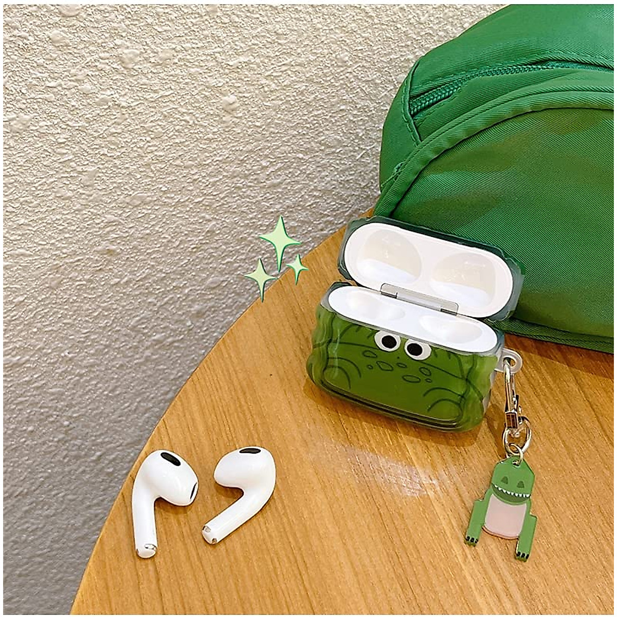 Soft TPU Clear Case with Charm Keychain Hook for Apple AirPod Disney Anime Cartoon Lotso Huggin Teddy Rex Hamm Forky Cute Lovely Adorable Kids Girls (Green Dinosaur for AirPods Pro)