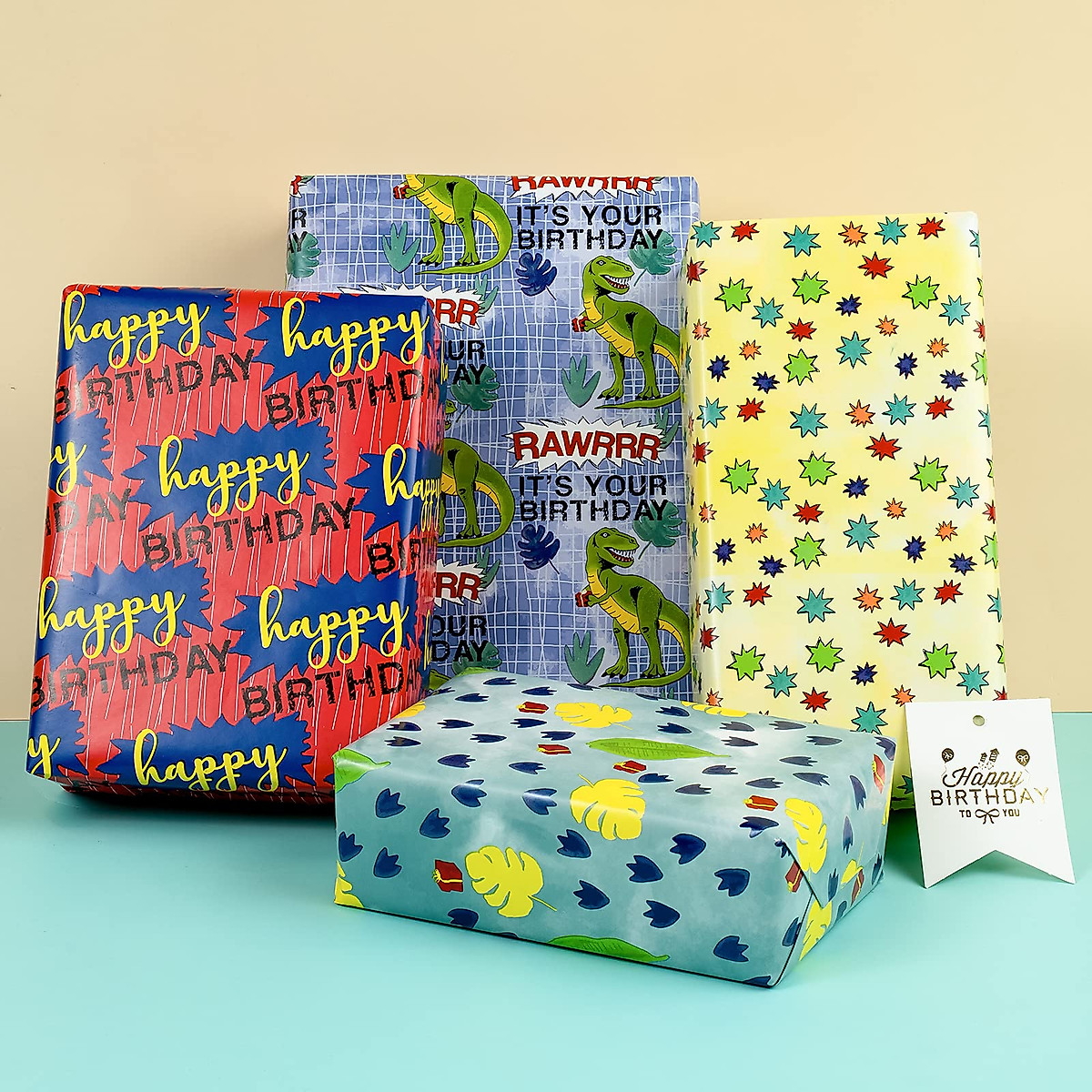 WRAPAHOLIC Birthday Wrapping Paper Roll - Dinosaur and Irregular Pattern Design Perfect for Celebration, Party, Baby Boy Present Packing - 4 Rolls - 30 inch X 120 inch Per Roll