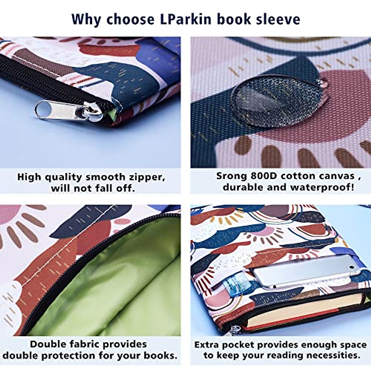 Whimsical Clouds Book Sleeve, Book Covers for Paperbacks, Washable Fabric, Book Sleeves with Zipper, Medium 11 X 8.5 Inch