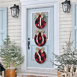 ORIENTAL CHERRY Christmas Decorations - Joy Sign - Buffalo Check Plaid Wreath for Front Door - Rustic Burlap Wooden Holiday Decor for Home Window Wall Farmhouse Indoor Outdoor