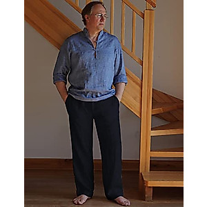 Poriff Mens Relaxed Fit Pants Elastic Waist Cotton Linen Drawstring Pants Navy Blue L