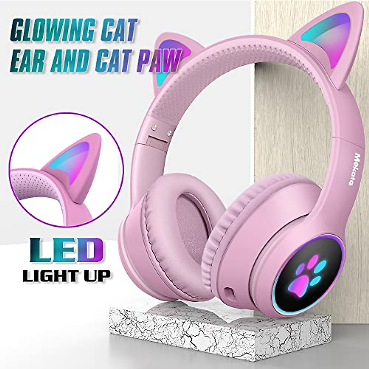 Mokata Gaming Bluetooth 5.0 Wireless Headphones Over Ear Cat LED Light Foldable Music Headset with AUX 3.5mm Microphone (Built-in) for Adult & Kids PC TV Game Music Pad Laptop Cellphone Pink