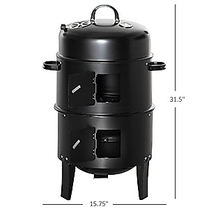 Outsunny Vertical Charcoal BBQ Smoker, 3-in-1 16" Round Charcoal Barbecue Grill with 2 Cooking Area, and Thermometer for Outdoor Camping Picnic Backyard Cooking, Black