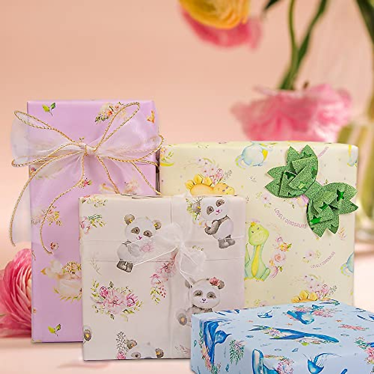 Larcenciel Gift Wrapping Paper for Kids - 5 Sheets of Cute Unicorn, Dinosaur, Panda, Elephant, and Whale Designs - Perfect for Birthdays, Holidays, and More (27.5x19.6inch)