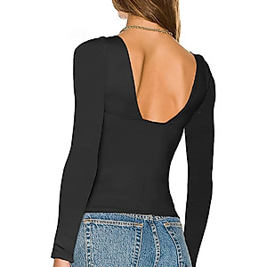 ABYOVRT Women Low Cut Tops Backless Deep V Neck Long Sleeve Crop Tops Sexy Y2k Shirt Going Out Club Wear (C-Black,S)