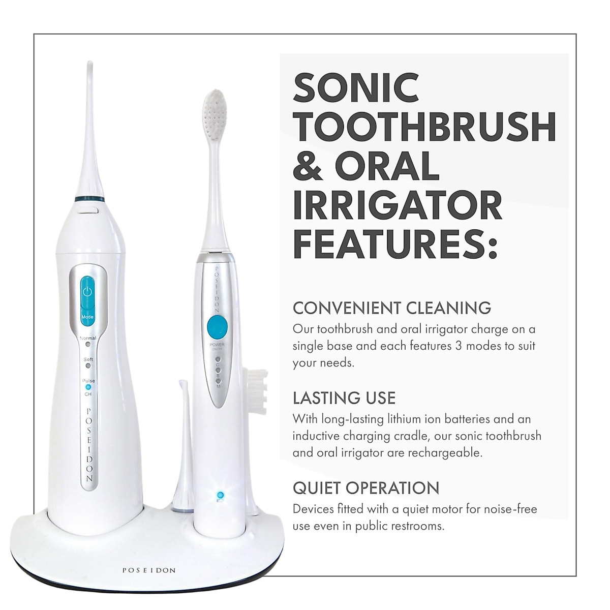 ToiletTree Products Poseidon Irrigator and Toothbrush Combo - Rechargeable Sonic Toothbrush and Oral Irrigator to Support Oral Health and Fight Bad Breath - Comes with Extra Tips for Multiple Users