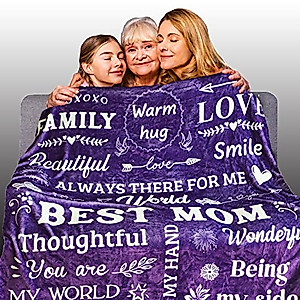Gift Throw Blanket for Mom in English with Thankful, Thoughtful and Respectful Words, Queen Size 80"*60" Purple (English)