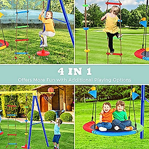 Saucer Swing Set for Backyard 4 in 1, YMERSEN Swing Set Outdoor for Kids with Steel Frames, Climbing Rope with Disc Tree Swing Play Set, and Basketball Hoop Blue