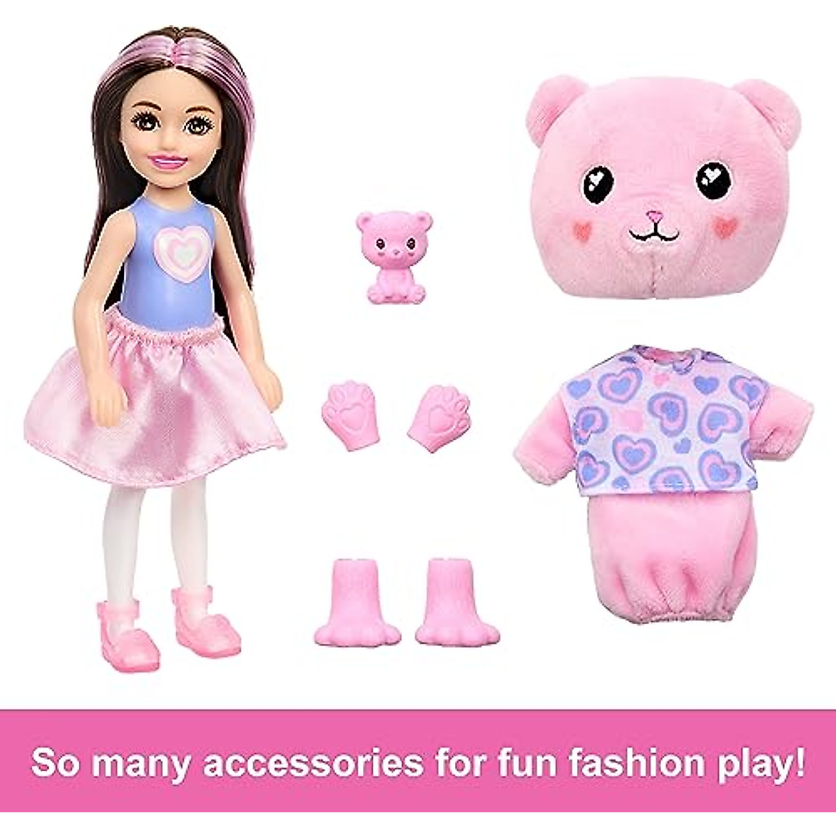 Barbie Chelsea Cutie Reveal Small Doll & Accessories, Brunette with Teddy Bear Costume, 6 Surprises (Styles May Vary)