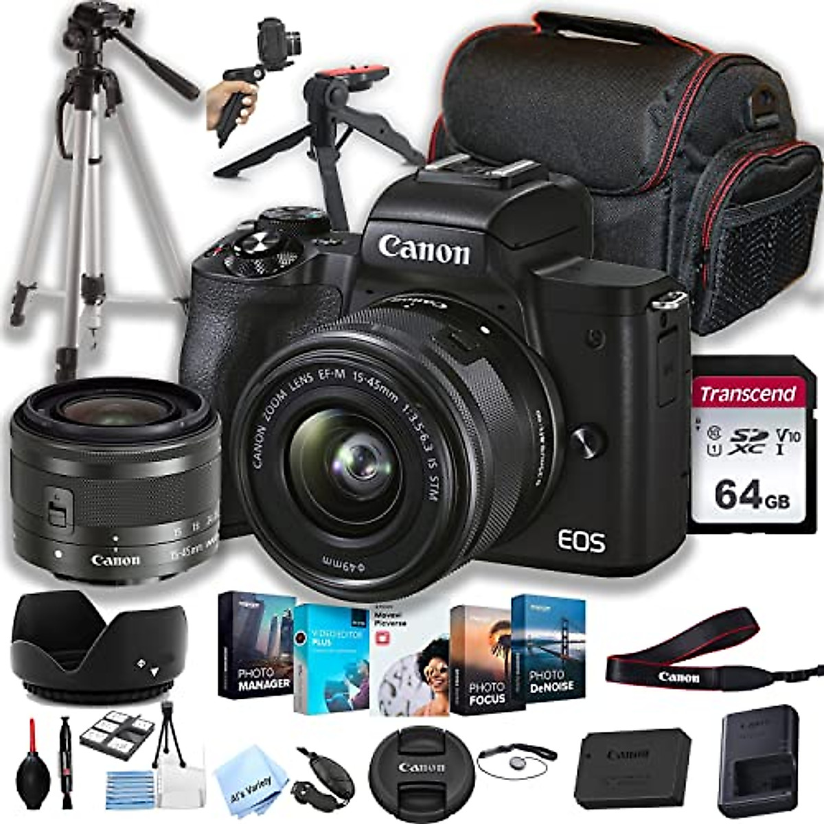 Canon EOS M50 Mark II Mirrorless Digital Camera with 15-45mm Lens + 64GB Memory + Case+ Steady Grip Pod + Tripod+ Software Pack + More (30pc Bundle) (Renewed)