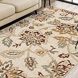 SUPERIOR Indoor Area Rug Perfect for Hallways, Entryway, Office, Living Room, Hardwood, Tile, Jute Backed, Modern Farmhouse Floral Decor, Jacobean Collection, 8' x 10', Stone