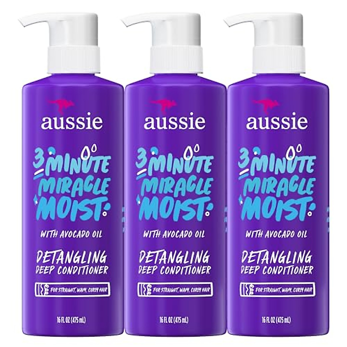 Aussie 3 Minute Miracle Moist Deep Conditioner for Dry Hair, Avocado & Jojoba Oil, Safe for Color Treated Hair, Nourishing Hydration, Silky Shine, Paraben-Free, 16 Fl Oz Each, Triple Pack