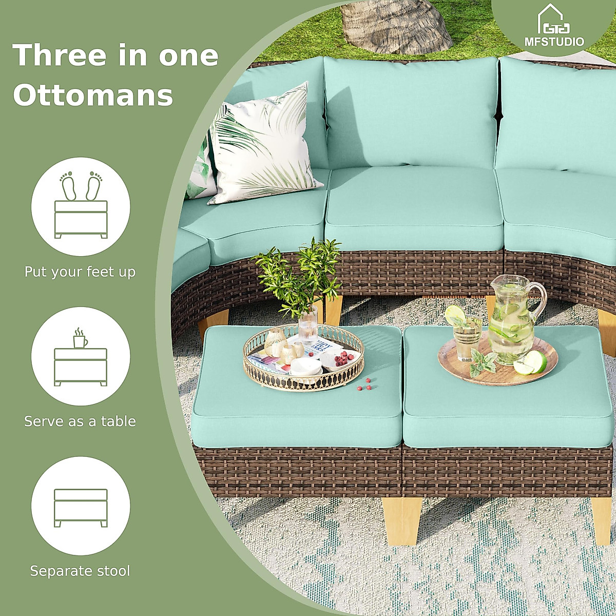 MFSTUDIO 12 Pieces Extra Large Wicker Patio Furniture Set, Rattan Outdoor Half-Moon Sectional Sofa Curved Patio Conversation Set, 8 x Curved Sofa, 2 x Armless Sofa, 2 x Ottoman(Aqua Blue Cushion)