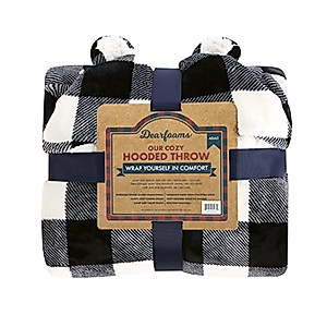 Dearfoams Black and White Buffalo Check Printed Royal Plush with Sherpa Reverse Adult Hooded Throw, 50"x60"