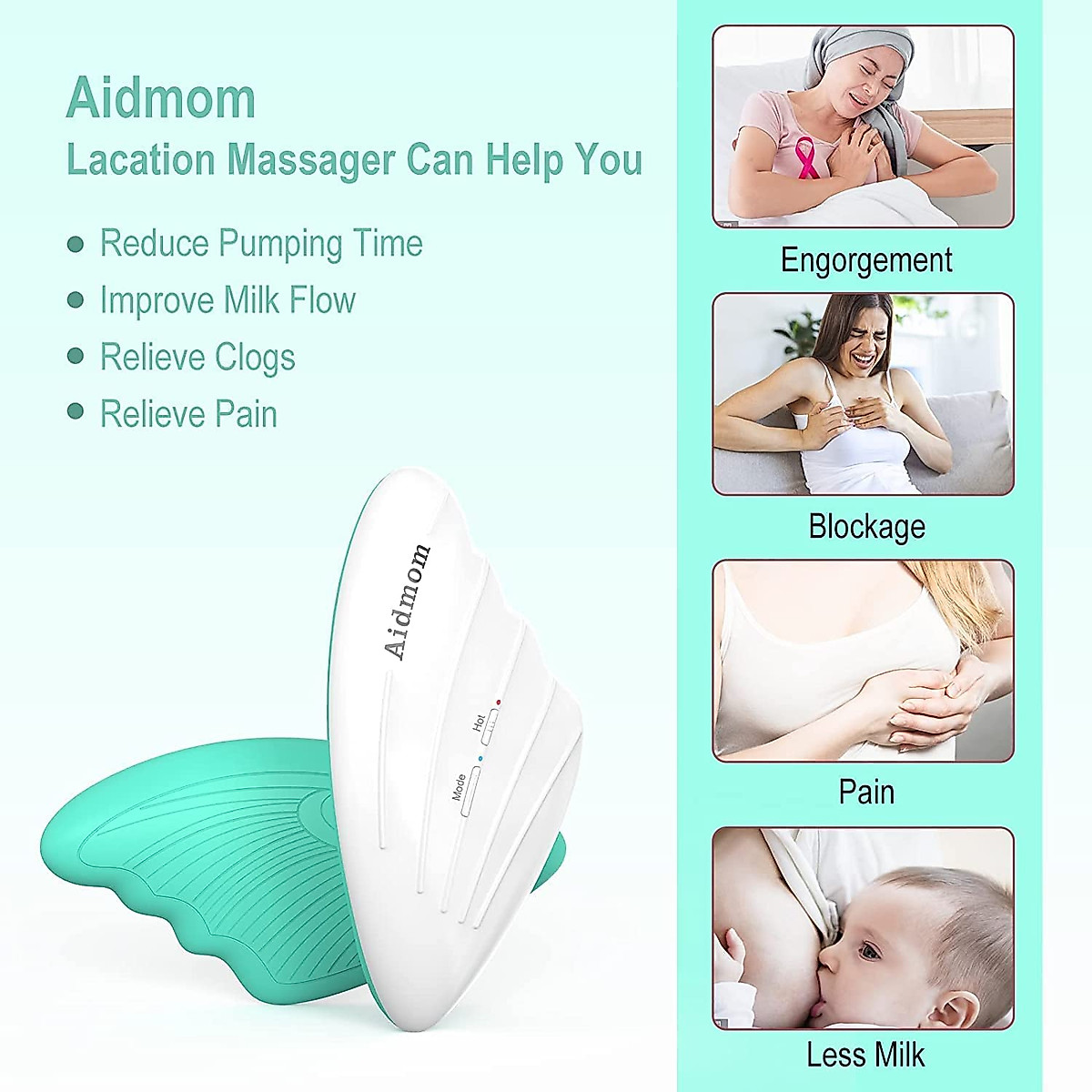 Aidmom 2-in-1 Lactation Massager with Adjustable Heat & Vibration, Soft Breast Massager for Breastfeeding, Breast Warmer for Improved Milk Flow, Nursing, Clogged Ducts, Engorgement (Green, Pack of 2)