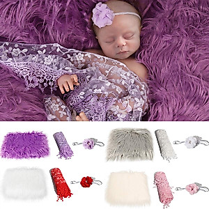 3 Pcs Newborn Photography Props Outfits, Fluffy Baby Posing Photoshoot Blanket + Embroidered Lace Baby Photo Wrap + Headband with Flower Set, Infant Toddler Girls Posing Props