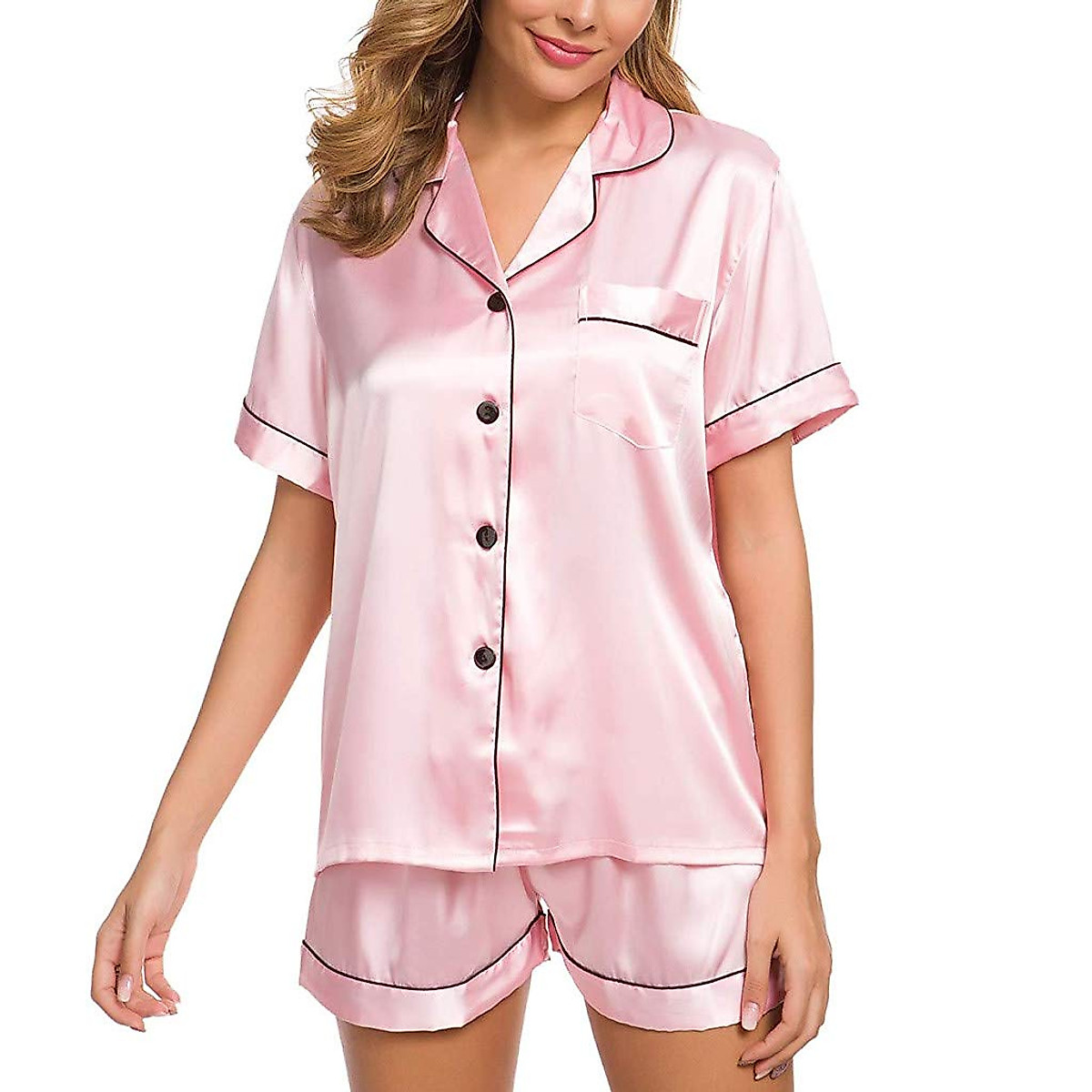 Silk Pajamas Womens Summer Short Sleeve Comfy Sleepwear Soft Satin Button Down Loungewear Cute 2 Piece Silky Pjs Shorts Set Gifts for Mothers Wife Matching Set Night Outfit