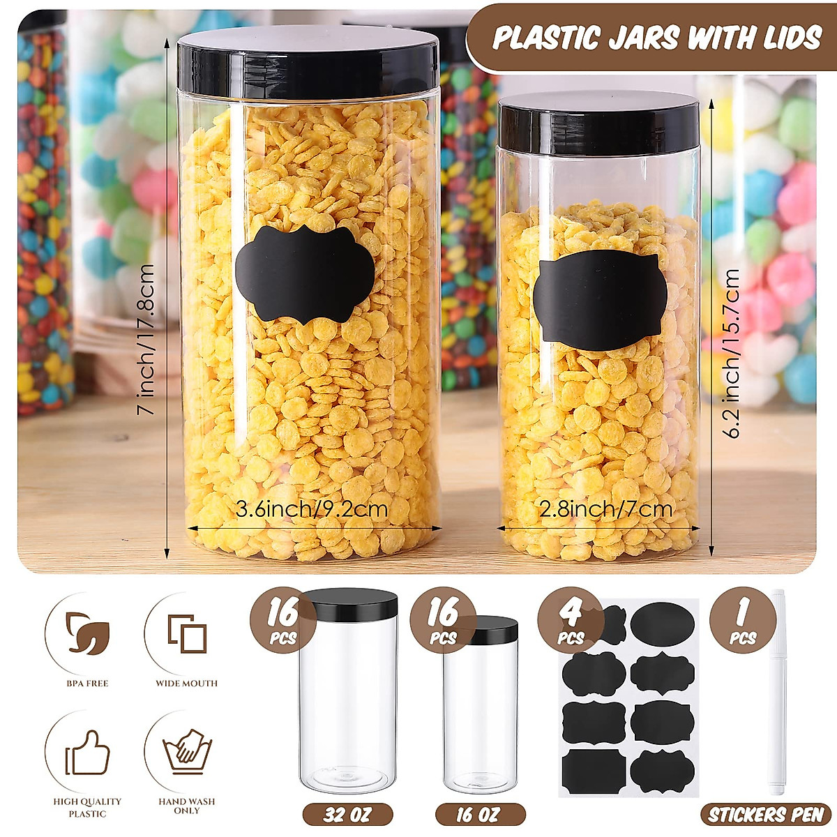 meekoo 32 Pcs Plastic Jars with Lids 32 oz and 16 oz with Chalk and 4 Stickers Containers with Airtight Leak Proof Black Plastic Screw on Lids Cylinder Round Jar for Household Kitchen Organizing