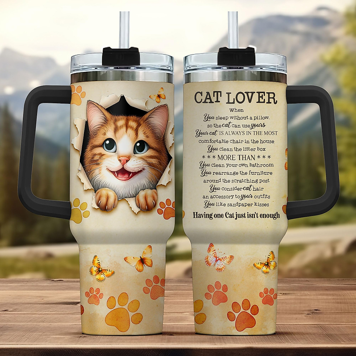 99OWL Funny Adults Tumblers Yellow For Women Insulated Coffee Brown Handle Cup Butterfly Cute Lovers Cups, Cat Gifts, Tumbler 40 Oz With Handle Lid And Straw, Cat Paw Lover
