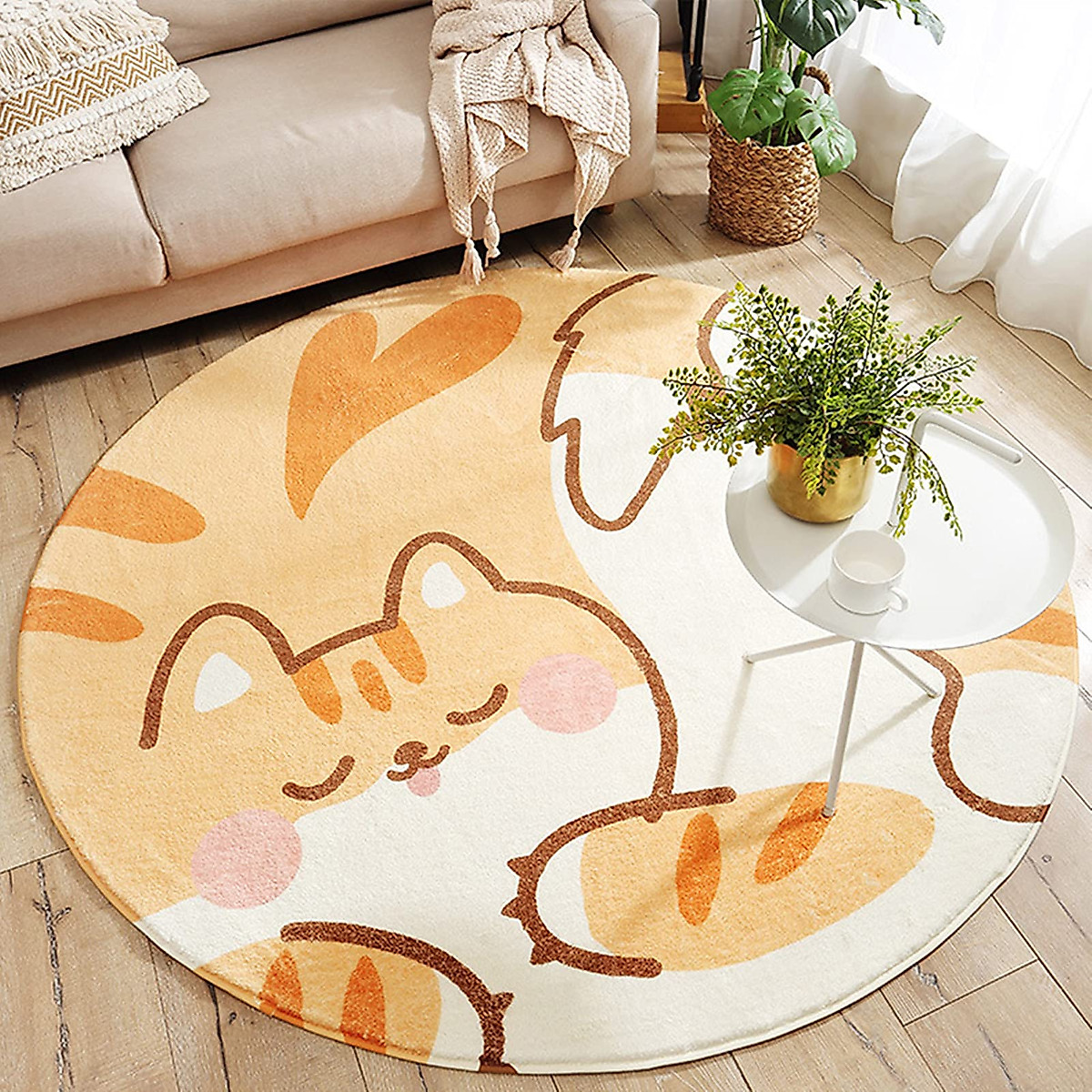 TEALP Kids Play Rug 4ft,Round Area Rug Kids Nursery Door Mat Soft Plush Childrens Carpet for Bedroom Living Room Kids Playroom,Orange Cat