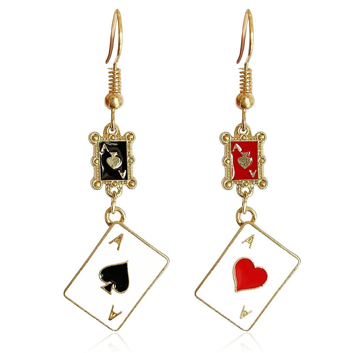 JIUIQL Unique Funny 18K Gold Plated Hypoallergenic Long Poker hearts and spades A Ace Playing Cards Dangle Drop Stud Earrings For Women Gambling Casino Jewelry Gift (Red Black)