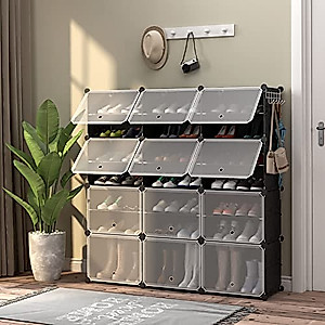 Safstar 48 Pairs 12 Cube Shoe Rack Organizer, Freestanding Shoe Storage Cabinets with Side Hanging Hook, Expandable Cube for Heels & Boots, Space Saver Shoe Racks for Closet Entryway Bedroom Hallway