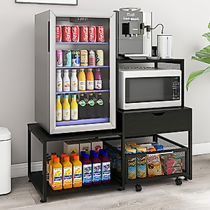 PUNCIA Mini Fridge Stand with Storage Coffee Bar Cabinet with Power Outlet Beverage Wine Refrigerator Table Microwave Oven Stand Rack with Large Capacity Drawer and Basket for Home Office Dorm