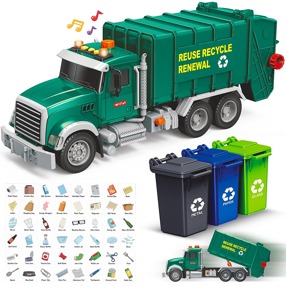 MOBIUS Toys Garbage Truck Toy – Recycling Vehicle for Boys with 3 Garbage Cans + 48 Flash Cards – Push & Go, Lights & Sounds – Multi-Functional Trash Truck w/Moving Parts for Ages 3-8