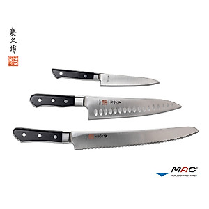 MAC Knife set Professional series 3-piece PRO-31, MTH-80 Pro series 8" Chef's knife w/dimples, PKF-50 Pro series 5" Paring knife, MSB-105 Pro series 10.5" Bread/Roast slicer, made in Japan