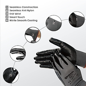 ANDANDA 12 Pairs Work Gloves, Smart Touch, 3D Comfort Stretch Fit, Nitrile Coated Work Gloves with Grip, Seamless Knit Nylon Work Gloves Men Suitable for Warehousing, Logistics, Handling, Black（XL）