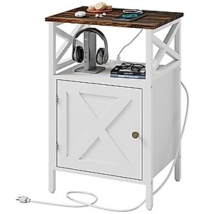 LDTTCUK Side Table with Charging Station, End Table with Power Outlet & USB Ports, Nightstand with 2 Tiers Storage Space and Storage Cabinet, Sofa Side Tables for Bedroom, Living Room,Office,White