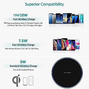 Wireless Charger Fast Charging Pad Certified QI Compatible with Apple iPhone 13/12/SE/11/X/XR/8, AirPods, Samsung Galaxy/Note S21/S20/S9, Galaxy Buds