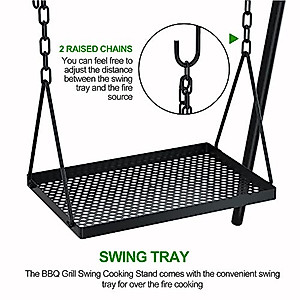38" Grill Swing Large Campfire Grill Stand w/6 Hooks Cast Iron BBQ Grill Campfire Cooking Stand Cookware Hanging Rack Outdoor Picnic Camping Bonfire Party Barbecue Set for Cookware & Dutch Oven