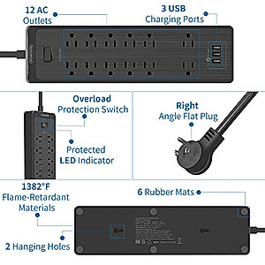 Flat Plug Extension Cord 25 Ft, NTONPOWER Surge Protector Power Strip with 12 Outlets(2 Widely Space) 3 USB, Overload Protection Switch, 2100 Joules, Wall Mount for Home Office and Workbench, Black