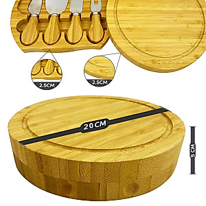 Cheese Board with Cheese Tools Round Cutlery Set Bamboo Charcuterie Board Set With 4 Knives Comes with Slide Out Drawer Platter Serving Tray Durable Best Gift for Wedding Birthday Housewarming (20)