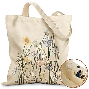 Miss Adola Aesthetic Flower Canvas Tote Bag for Women - with Magnetic Buckle and Zipper Inner Pocket for Lady Cloth Cotton Tote Bag for Gym, Work, Travel, Library, Shopping,Colorful Flower