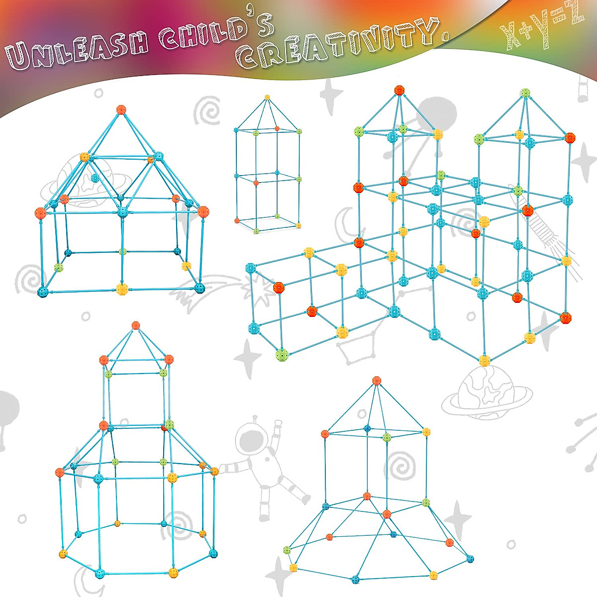 Kids Fort Building Kit,135Pcs Construction Toys for 3-12 Years Old Boys and Girls Indoor&Outdoor Toys Gift DIY Castles Tunnels Play Tent Rocket Tower