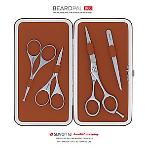 Suvorna Premium Beard & Mustache Scissors Set/Kit with Beard Scissors for Men - Grooming Scissors Men/Facial Hair Scissors/Nose Scissors - Eyebrow Scissors - Slant Tweezers (4 Pcs Brown)
